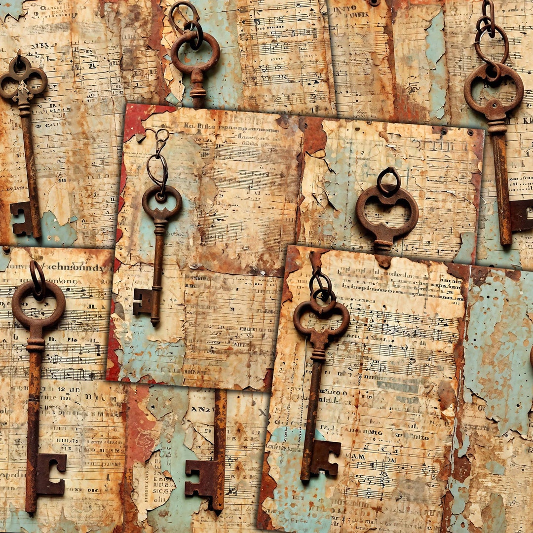 Rusty Keys Printable Grunge Double Pages for Junk Journals, Mixed Media ...