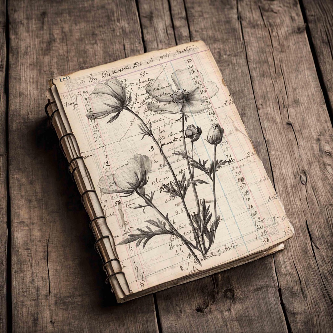 Flower Sketch Antique Ledger Ephemera Pages for Junk Journals, Mixed ...
