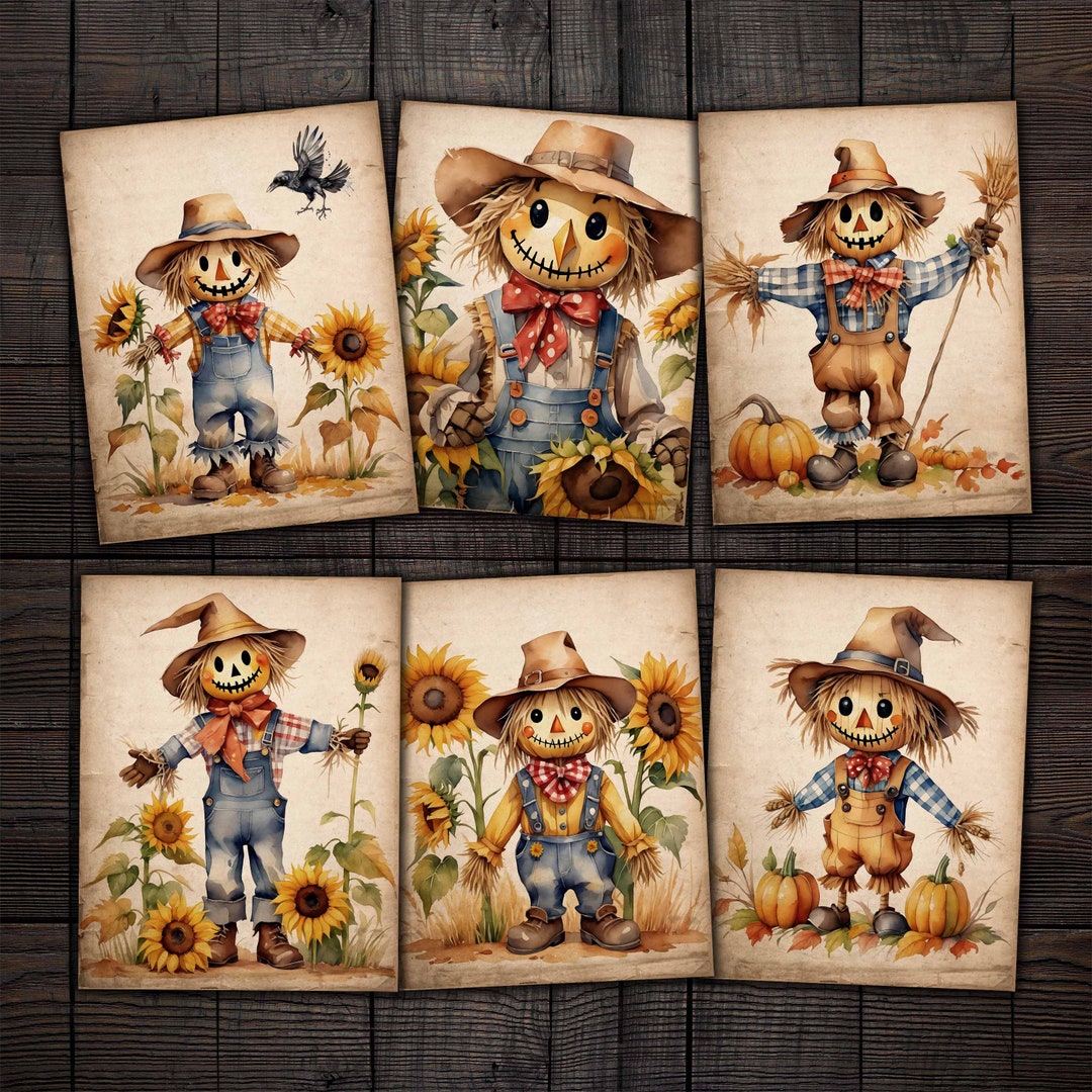 Cute Scarecrow and Sunflowers Printable Paper Pack, Digital Scarecrows ...