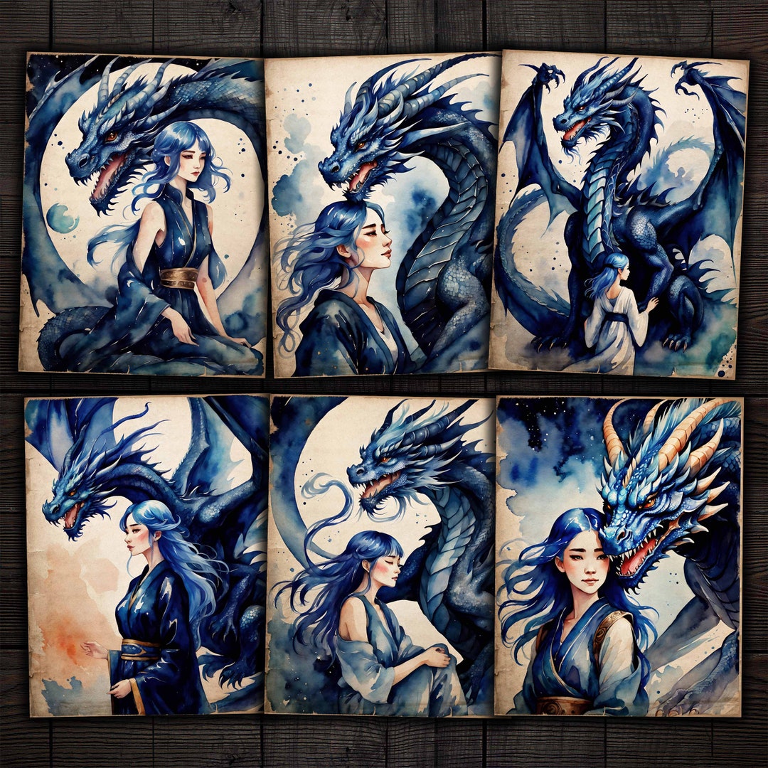A Girl and Her Dragon Blue Dragons Fantasy Printable Papers for Junk ...