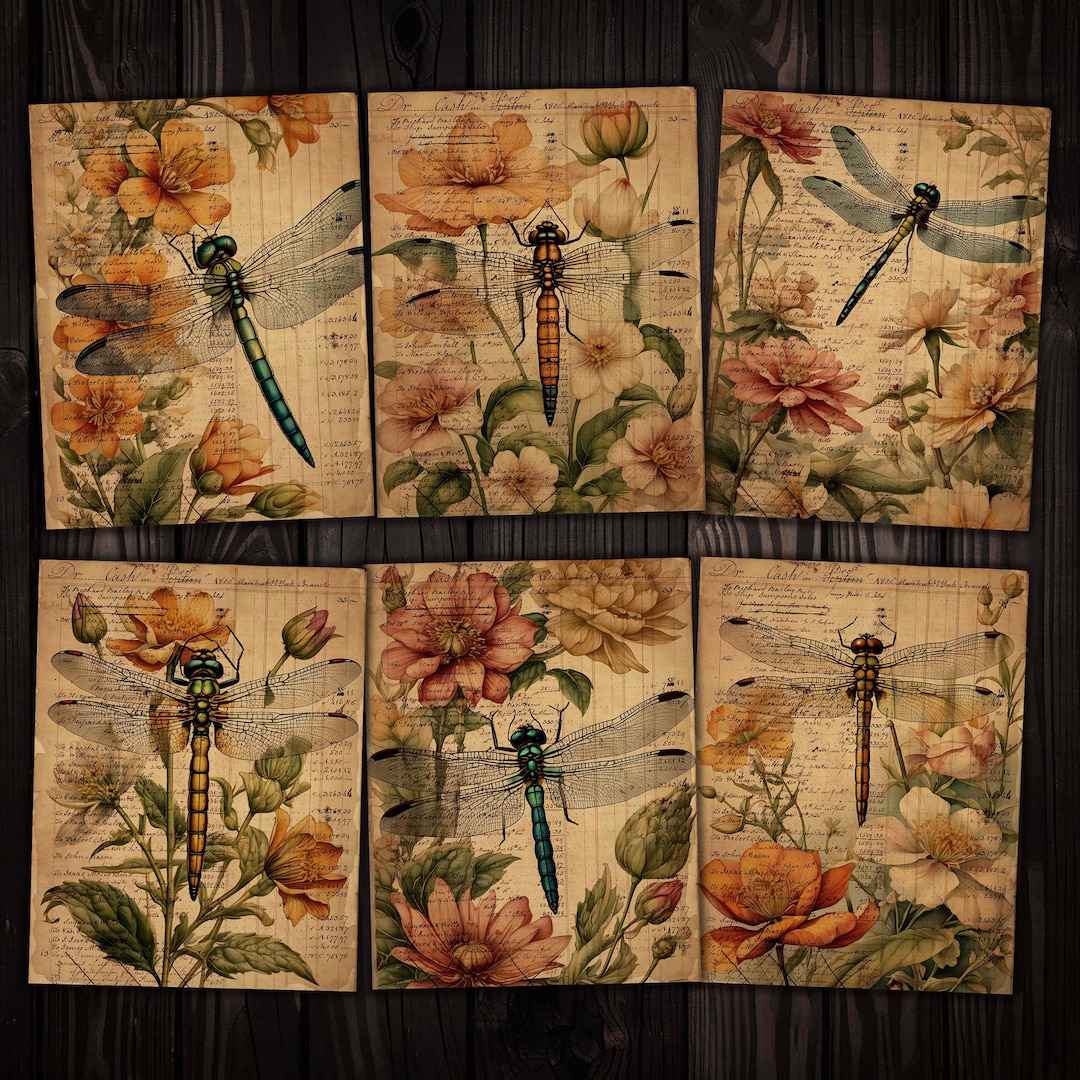 Dragonfly Grunge Ephemera Ledger Pages Printable Papers for Junk ...