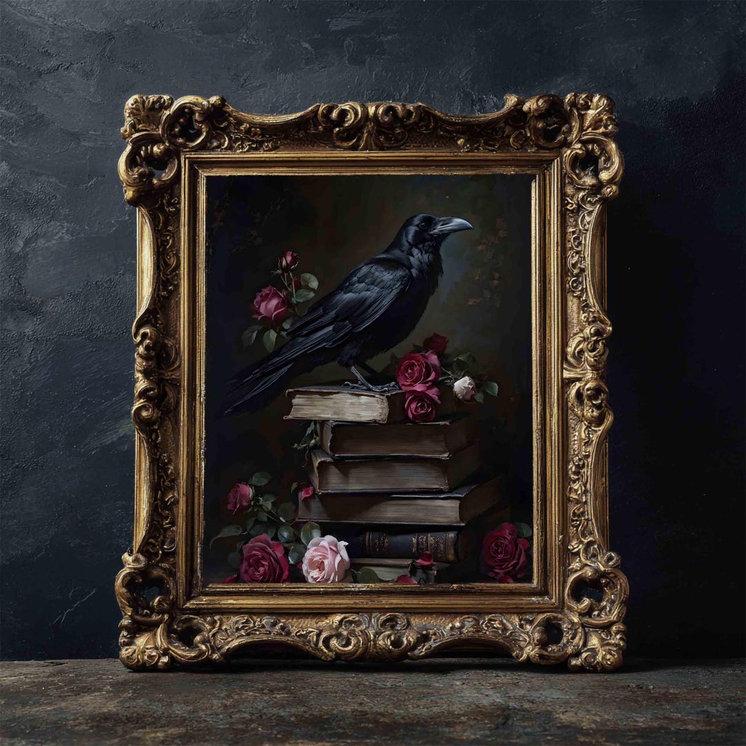 Raven and Books Gothic Print: Dark Academia Halloween Decor (digital ...