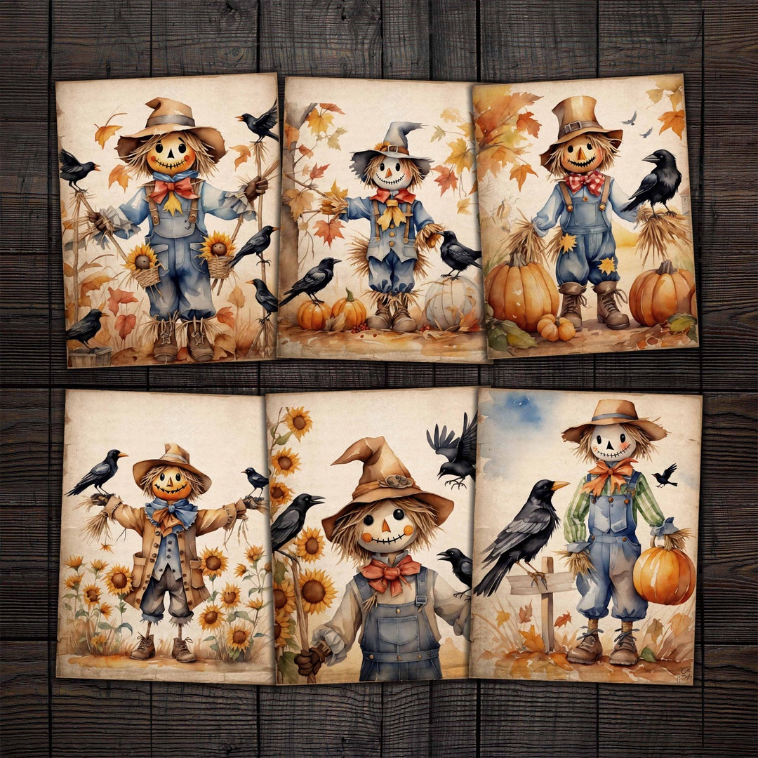 Cute Scarecrow and Sunflowers Printable Paper Pack, Digital Scarecrows ...