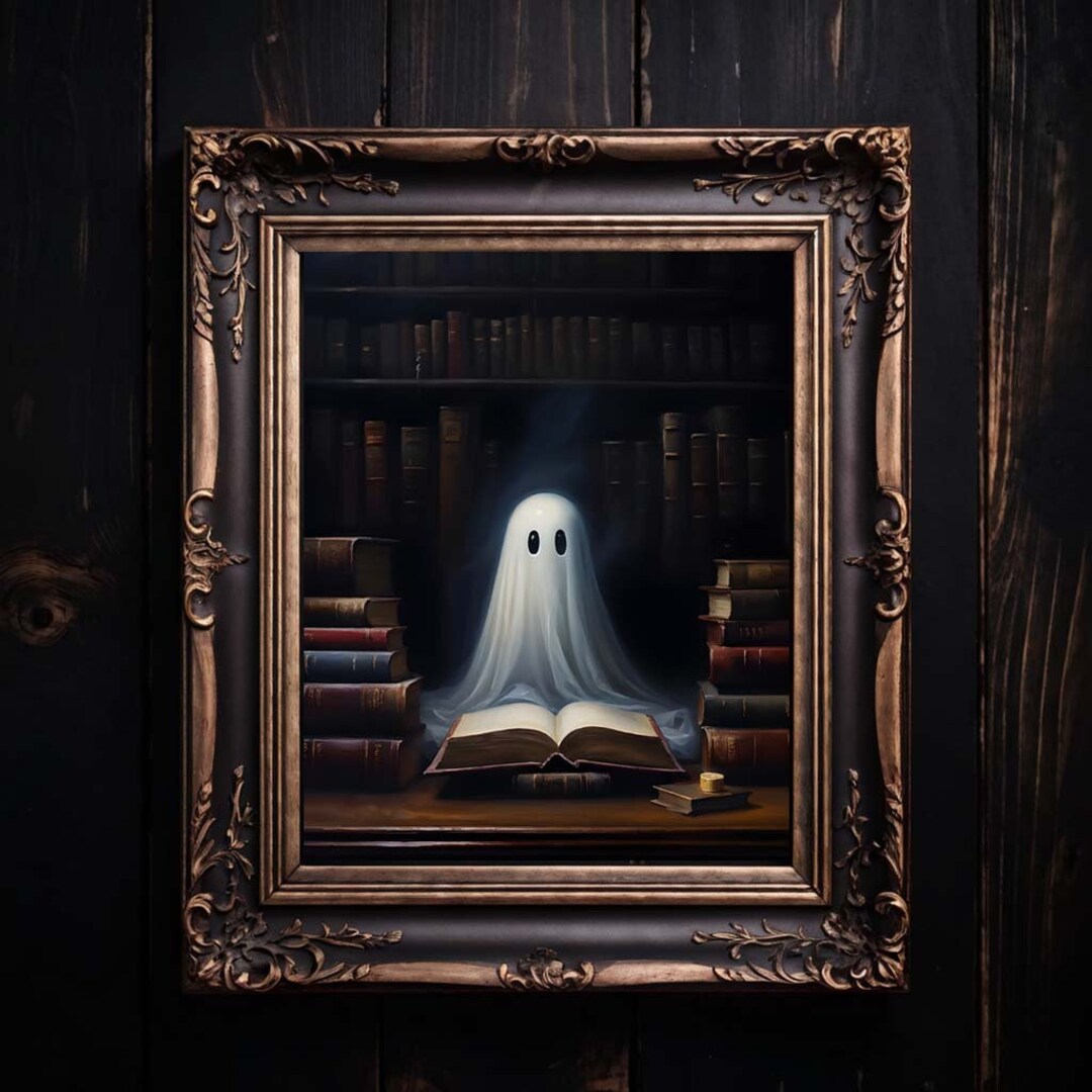 Cute Ghost in Library Reading Book DIGITAL PRINT for Halloween Decor ...