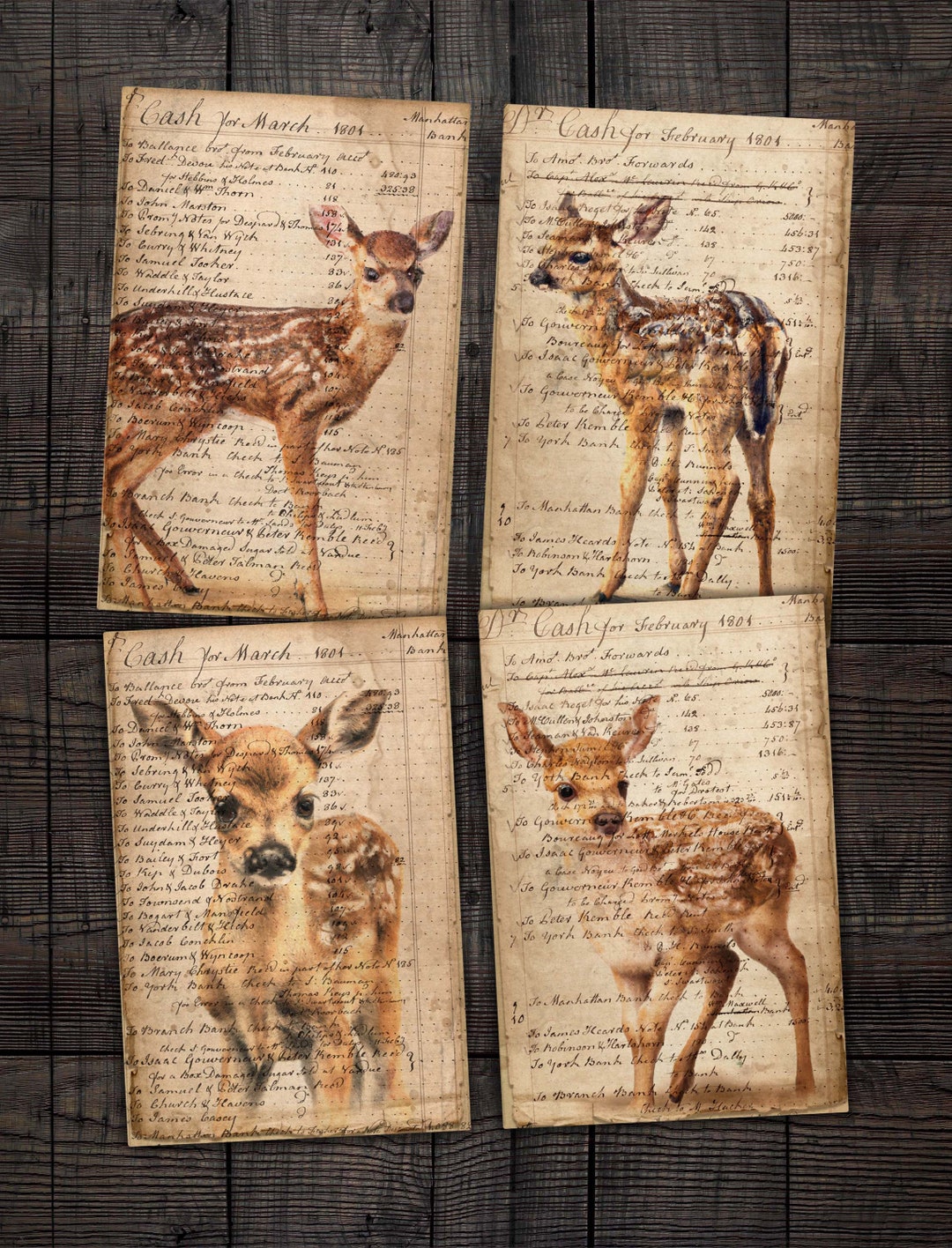 Vintage Deer Ledger Pages, Grunge Documents With Baby Fawn Ephemera for ...