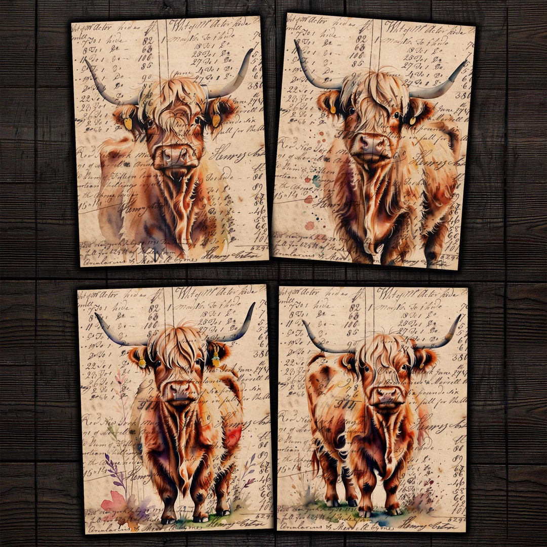 Highland Cow Printable Ephemera Ledger Papers for Junk Journals, Mixed ...