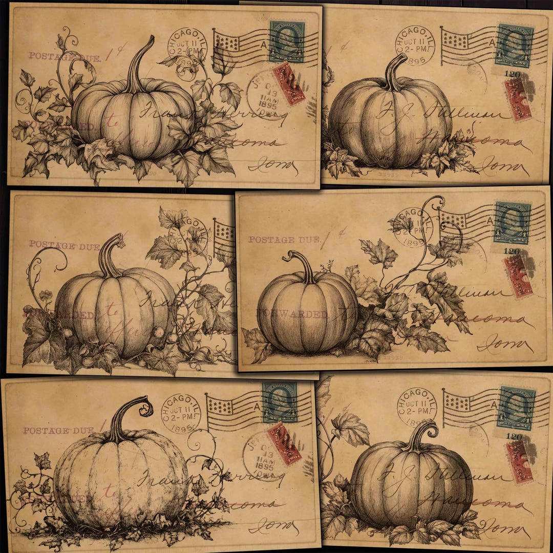 Printable Pumpkin Postcards Ephemera for Halloween Junk Journals, Mixed ...