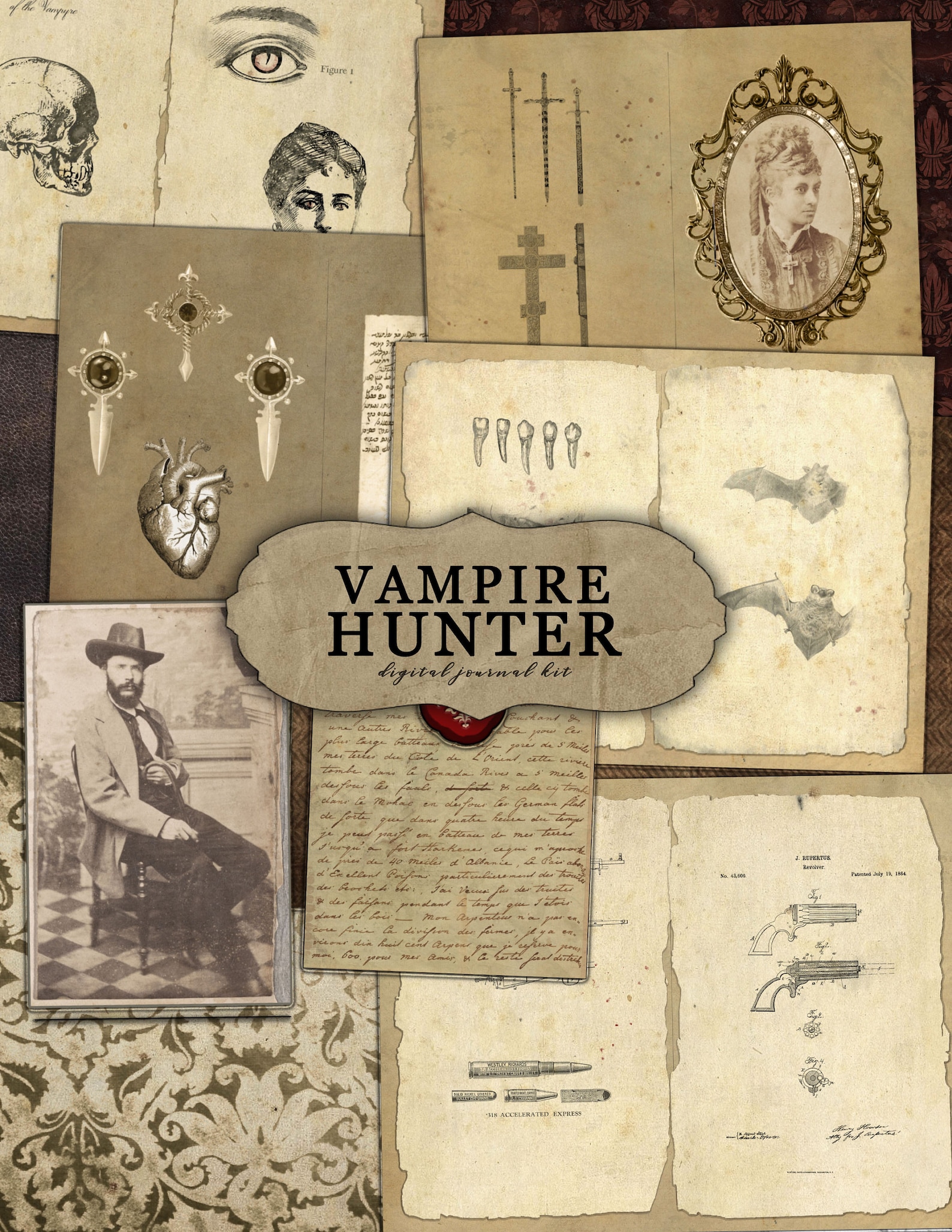 Vampire Hunter Digital Journal Kit, Halloween Ephemera for Junk ...