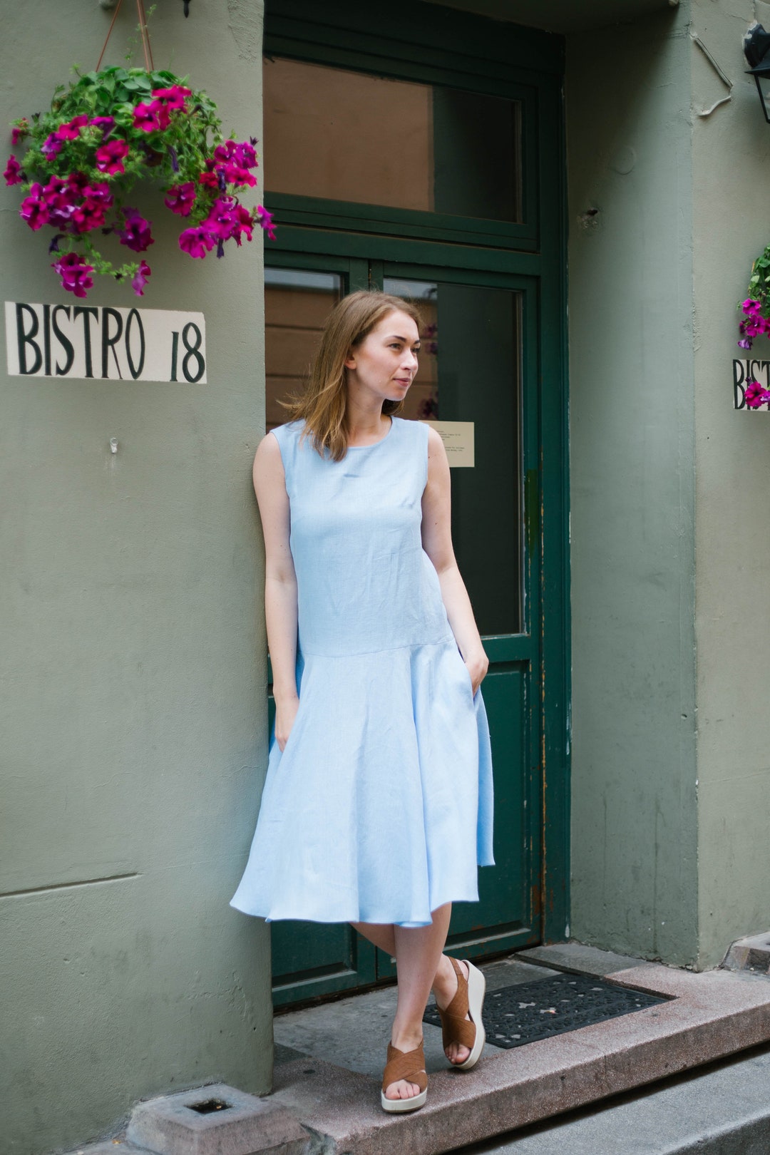 Flowy Summer Vacation Dress With Pockets, Drop Waist Everyday Linen ...
