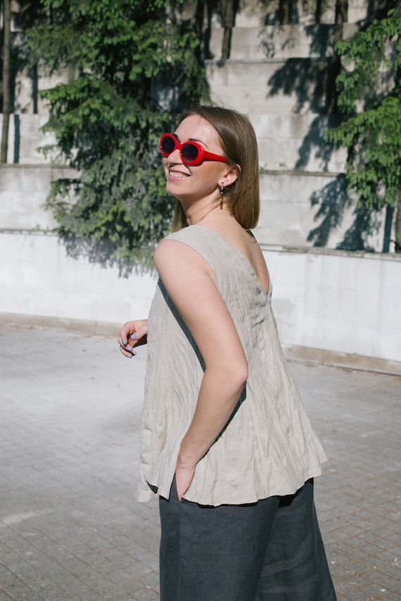 Open Back Trapeze Linen Top Loose Sleeveless Summer Blouse - Etsy