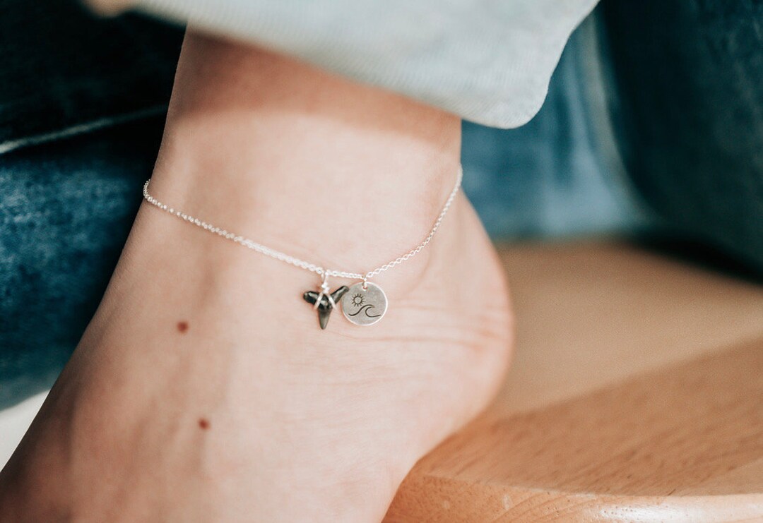 Shark Tooth Anklet With Engraved Charm, Sterling Silver Anklet, Beach ...