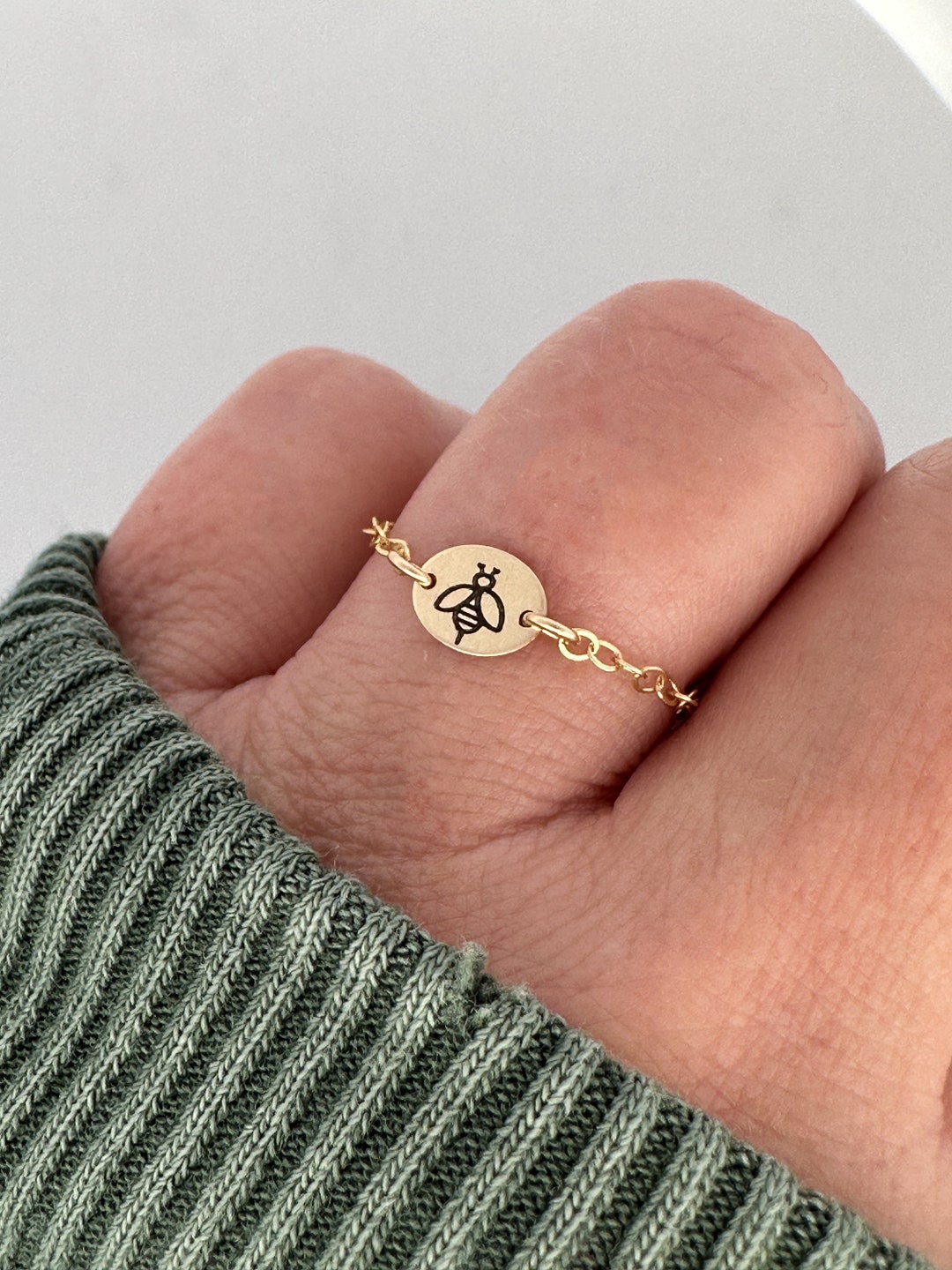 Custom Engraved Bumble Bee Chain Ring, 14K Gold Filled Chain Ring With ...