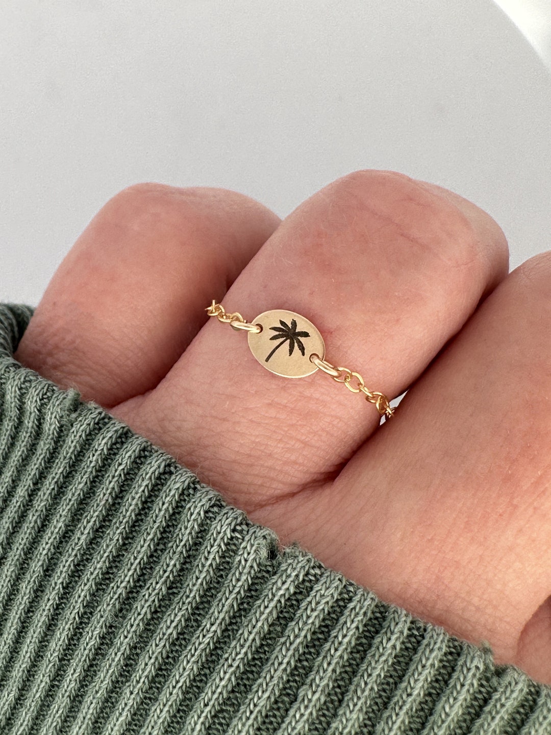 Custom Engraved Palm Tree Chain Ring, 14K Gold Filled Chain Ring With ...