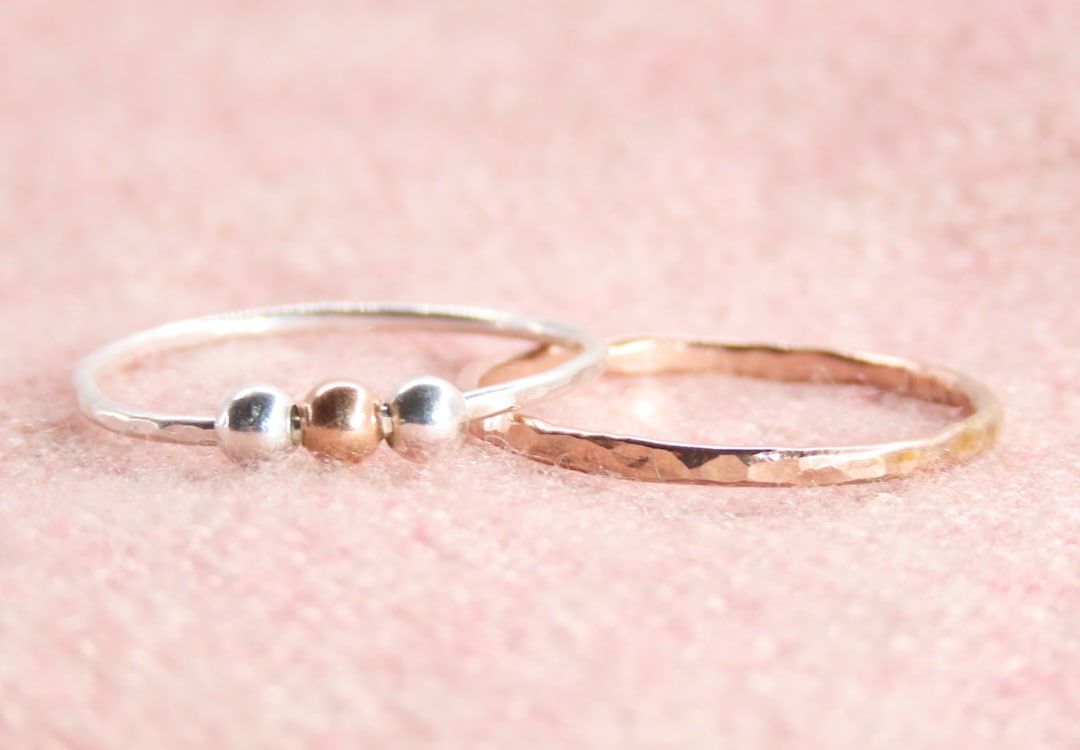Anxiety Ring and Rose Gold Hammer Ring Duo, Beaded Ring, Meditation ...