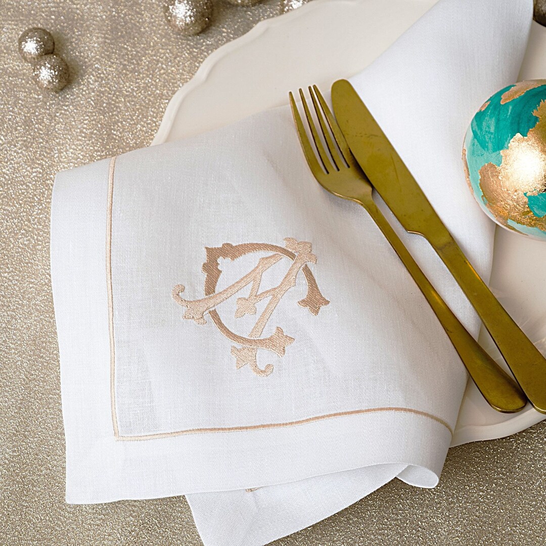 Monogrammed Linen Wedding Napkins: Italian Sateen, Custom Embroidery - Etsy