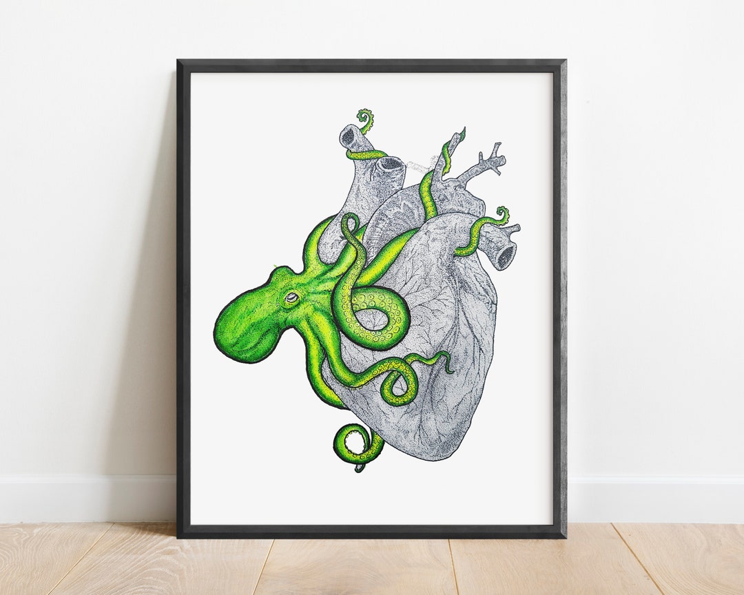 Colored Octopus With Heart Art Print | MANY COLORS AVAILABLE!| - Etsy