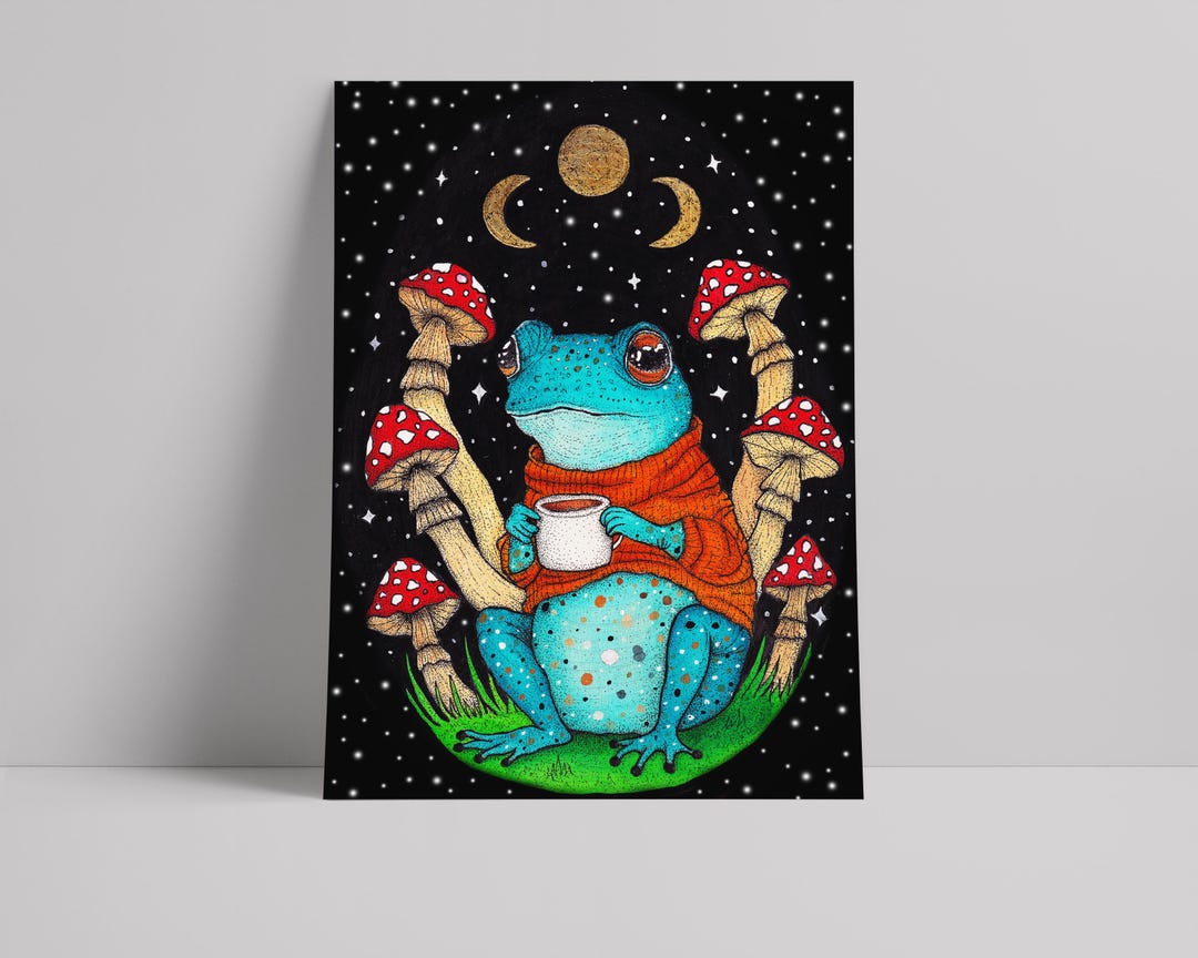 Frederick the Frog | Frog Drinking Coffee With Mushrooms Art Print ...