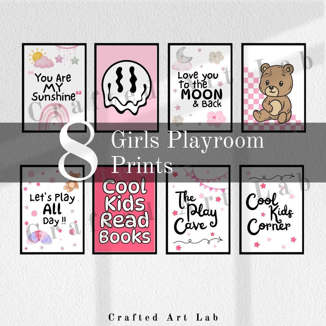 Girls Playroom Wall Art Set of 8 | Pink Nursery Prints | Kids Bedroom ...
