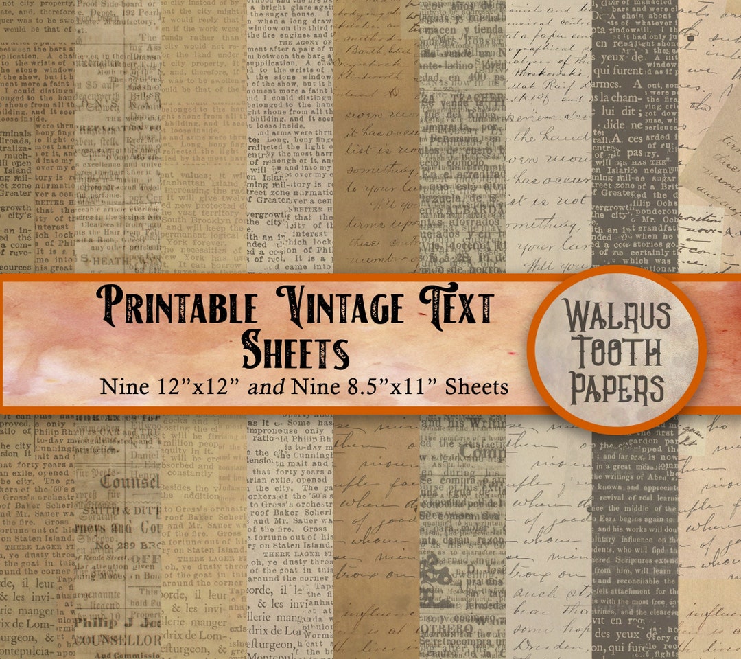 VINTAGE TEXT Printable Scrapbook Paper, 12" X 12" and 8.5" X 11 ...