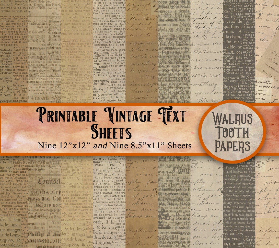 VINTAGE TEXT Printable Scrapbook Paper, 12" X 12" and 8.5" X 11 ...