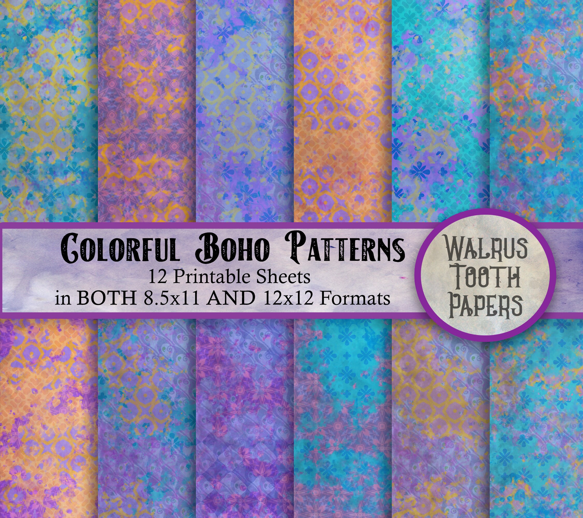 COLORFUL BOHO PATTERNED Printable Scrapbook Paper, 12" X 12" and 8.5" X ...