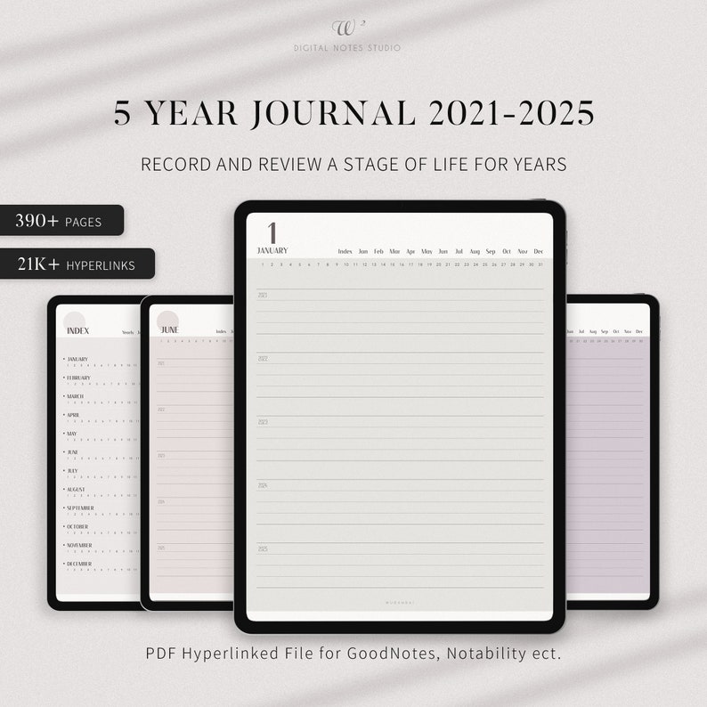 Digital 5 Year Journal, Digital Planner iPad Portrait Diary 2021-2025 ...