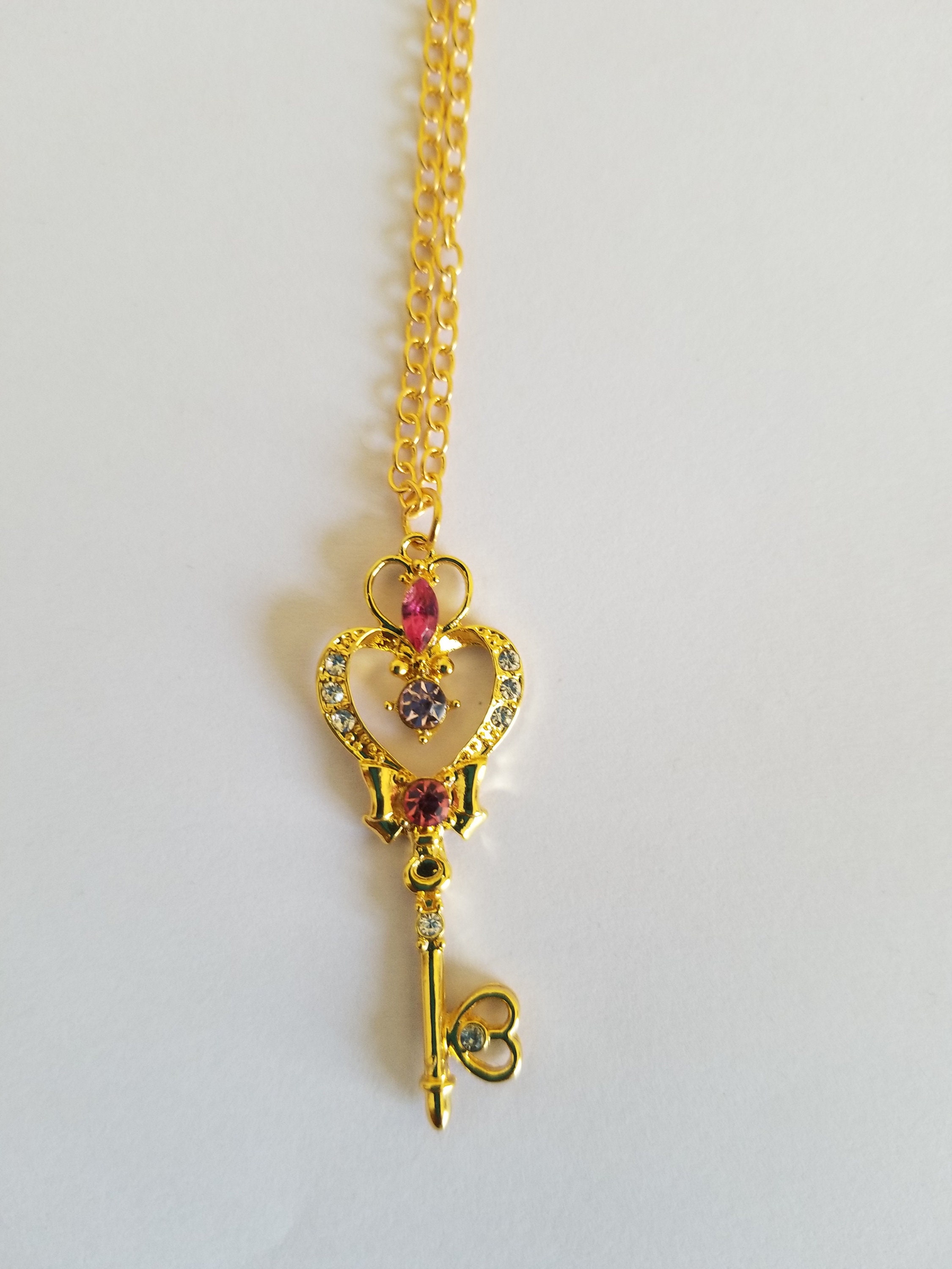 Sailor Moon Key Necklace, Golden Key, Silver Rhinestones, Crystal Gem ...