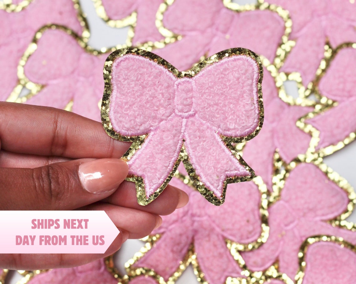 Pink Bow Iron on Patch for Backpack Chenille Patch for Trucker Hat ...