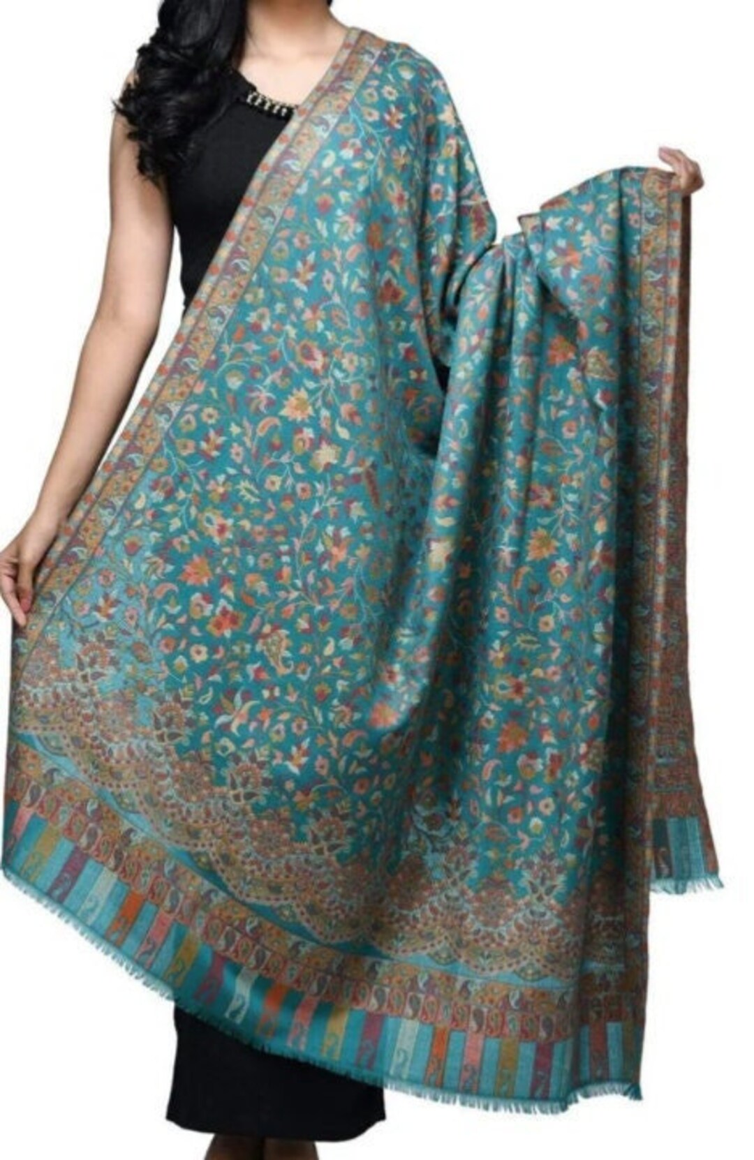 Women's Turquoise Kashmiri Kanni Embroidered Pashmina Shawl, Stole ...