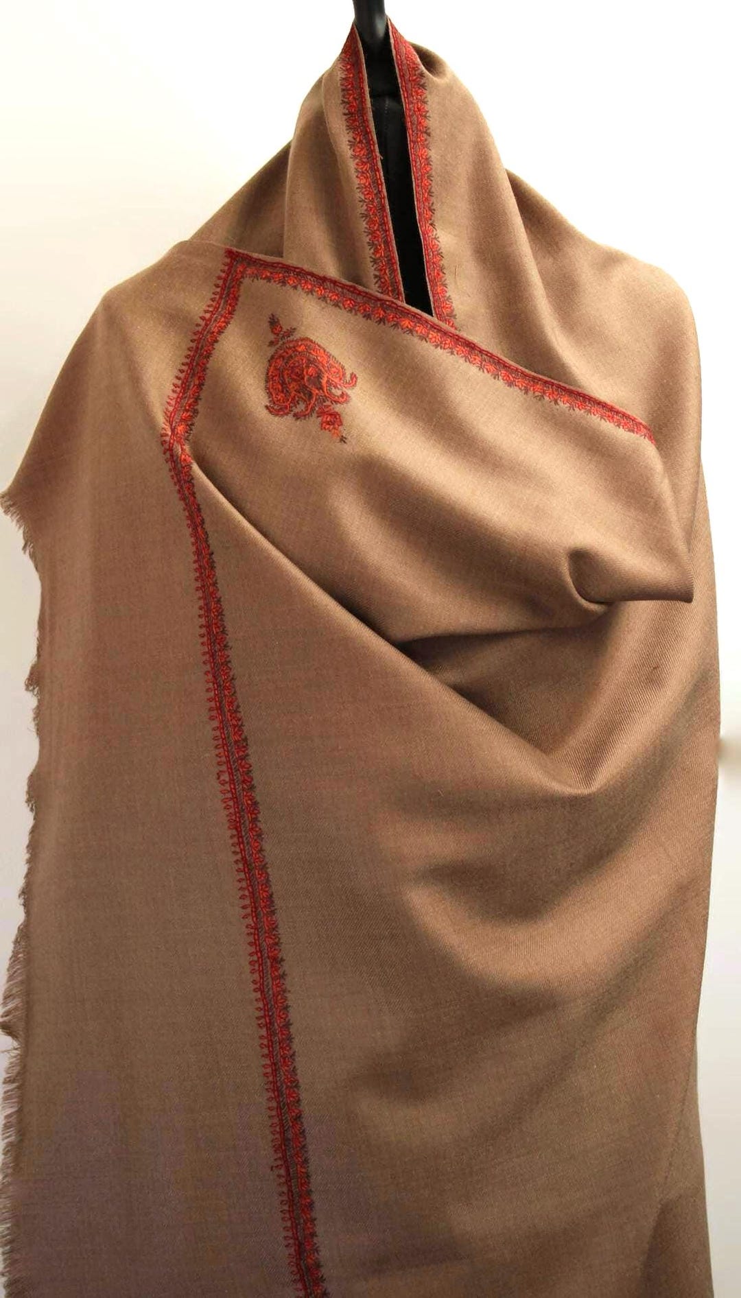 Fine Quality Large Beige Pashmina Kingri Border Embroidery Shawl, Wrap ...