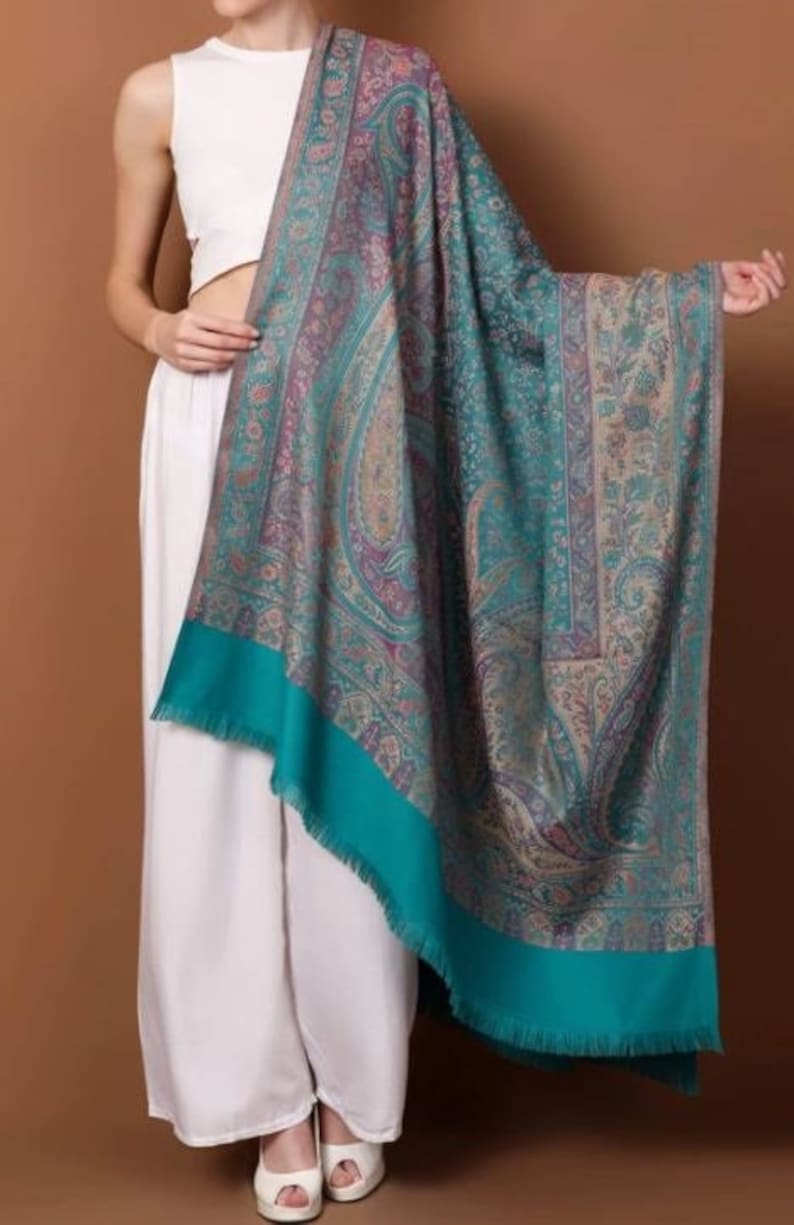 Large Kashmiri Jamawar Arabic Blue Jacquard Design Weave Shawl - Etsy