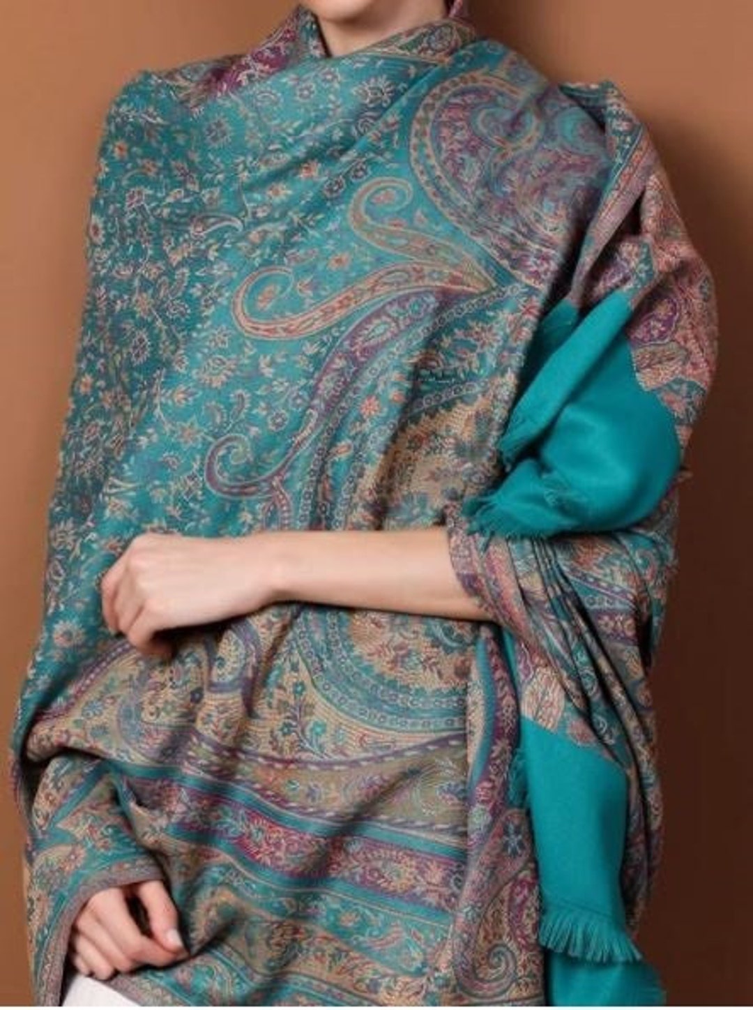 Large Kashmiri Jamawar Arabic Blue Jacquard Design Weave Shawl, All ...