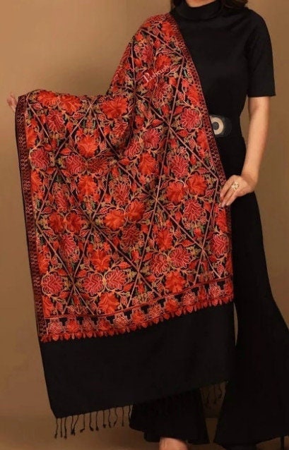 Black Embroidered Kashmiri Pashmina Shawl Stole Winter Wrap - Etsy
