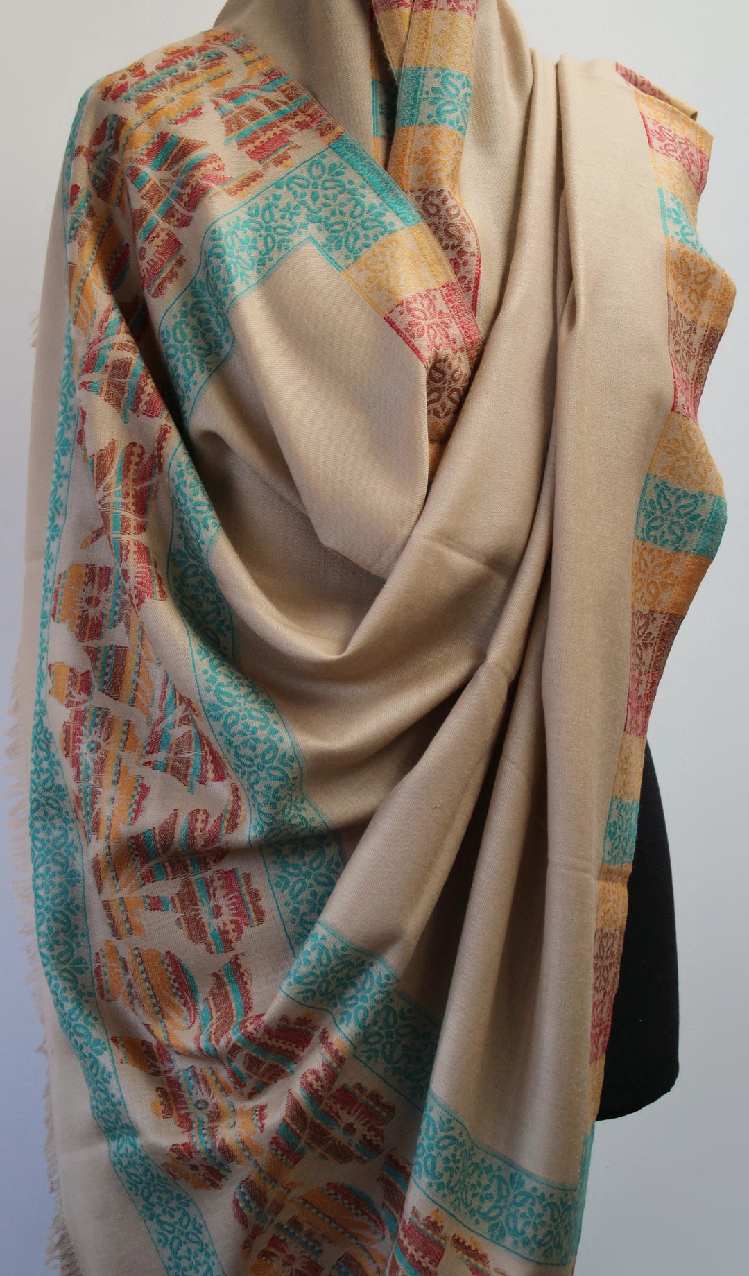 Large Beige Kashmiri Jamawar Jacquard Design Wool Shawl, Soft and Warm ...