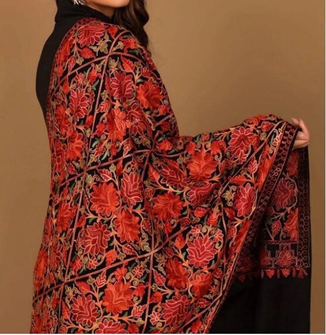 Black Embroidered Kashmiri Pashmina Shawl, Stole, Winter Wrap, Wool ...