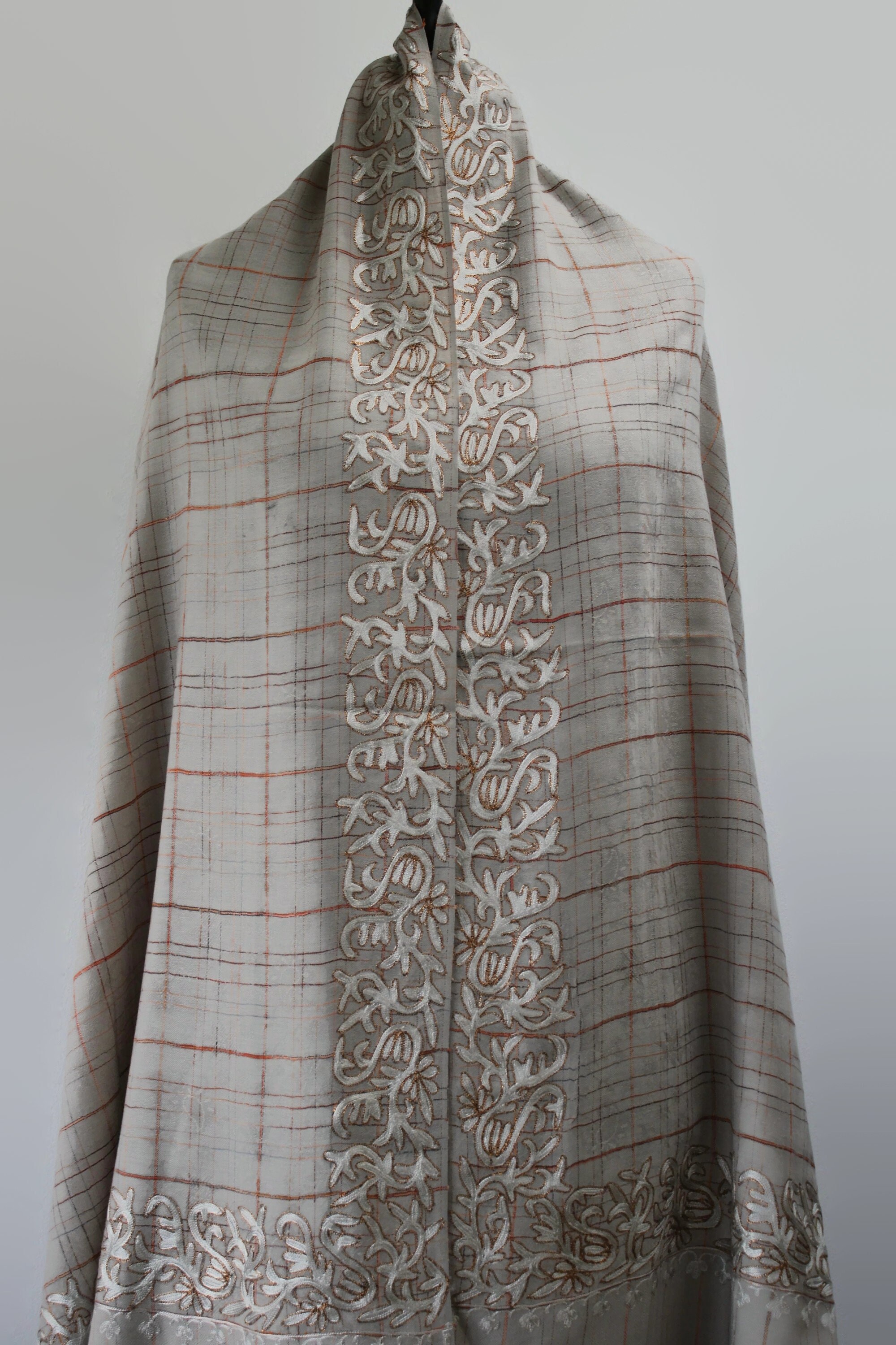 Large Grey Nalki Wool Embroidered Shawl, Winter Wrap, Scarf (40 X 80 ...