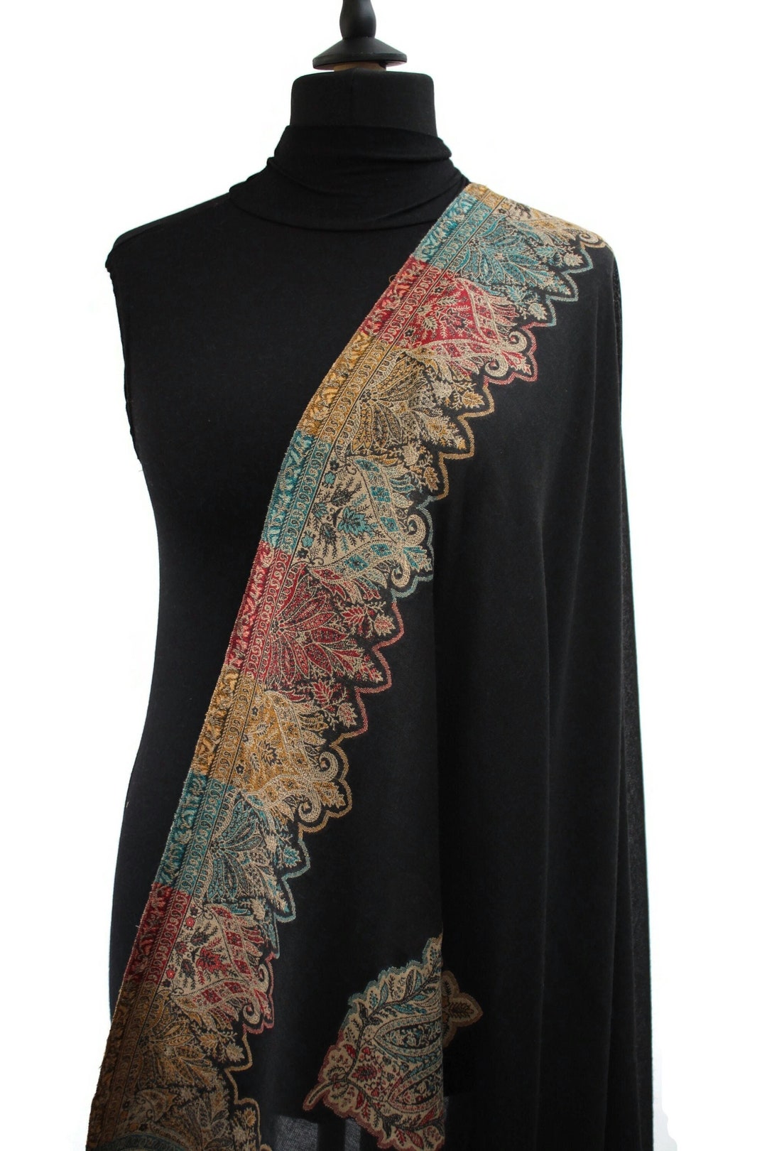 Large Black Jamawar Jacquard Design Wool Blend Shawl, Soft and Warm ...