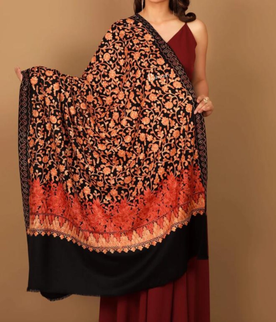 Large Nalki Silk Thread Embroidered Shawl, Scarf, Winter Wrap (40 X 80 ...