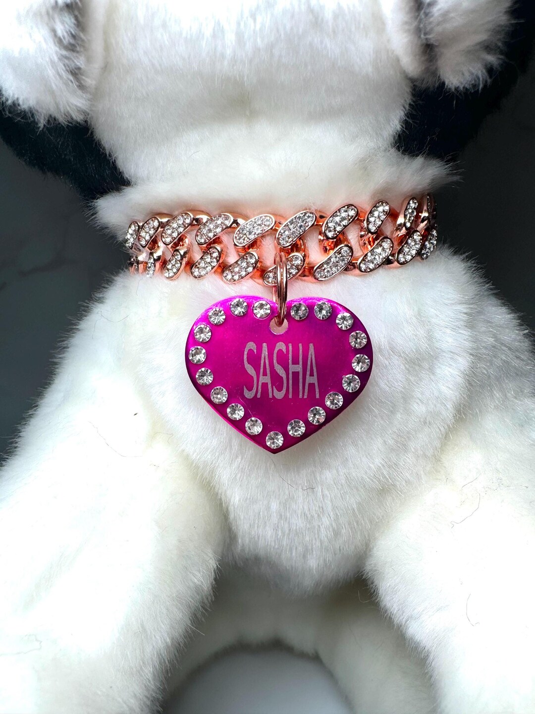 Cuban Link Dog Chain With Custom Pink Heart Pet ID Tag Pendant, Custom ...