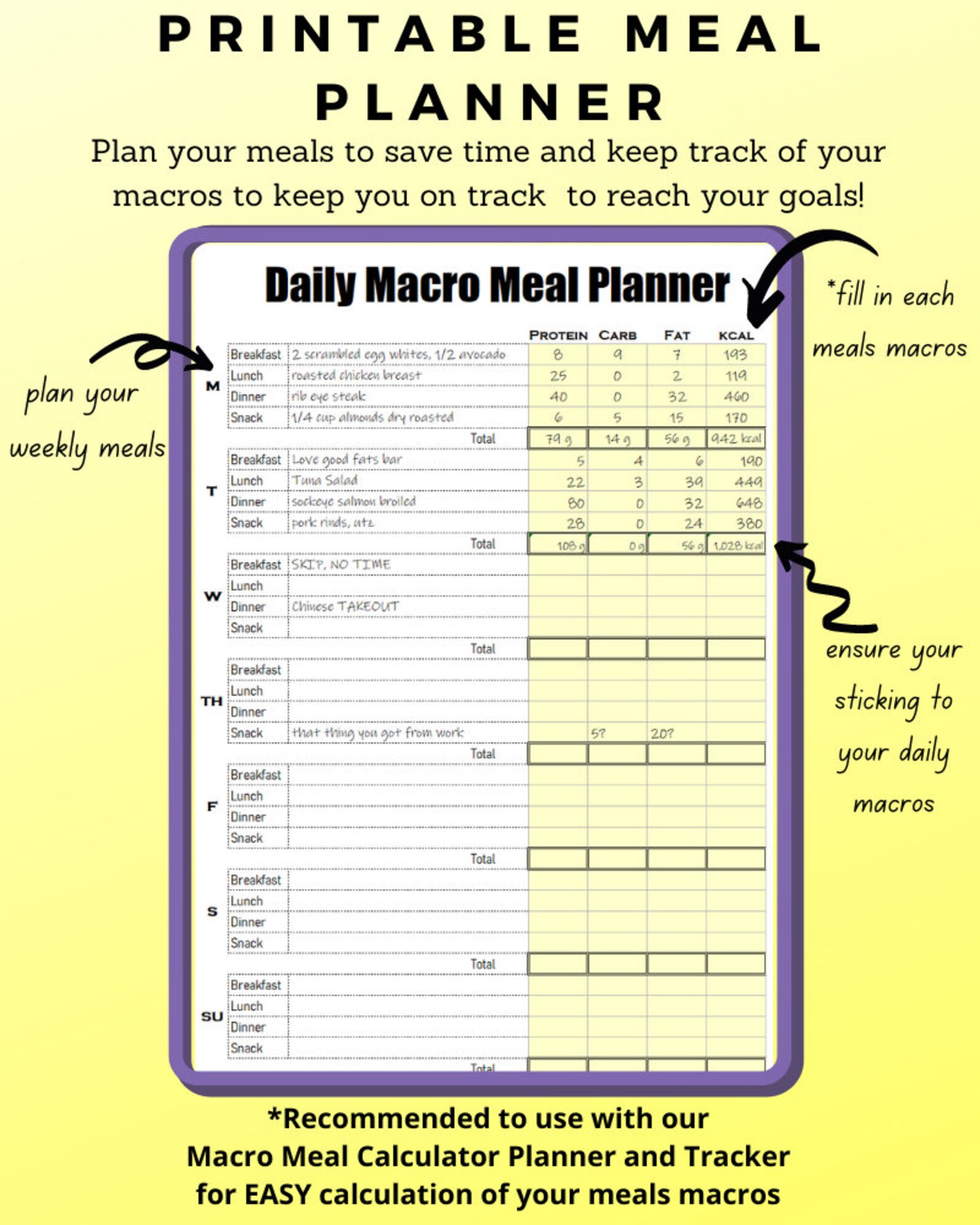 Daily Macro Meal Planner Calculator Excel And Printable Etsy