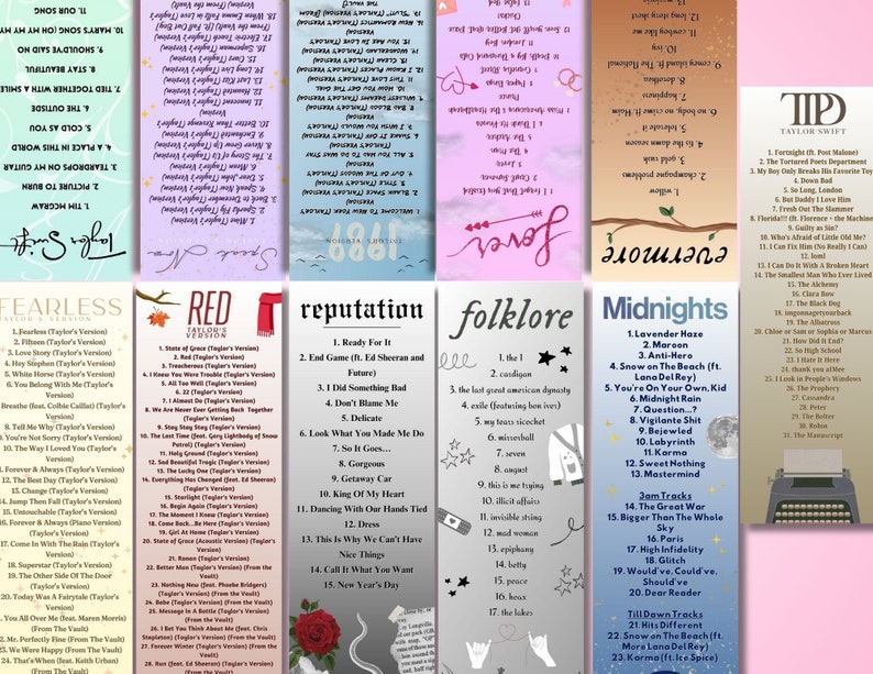 Taylor Swift Album Bookmark Set | Eras Tour Bookmark Set | Digital ...