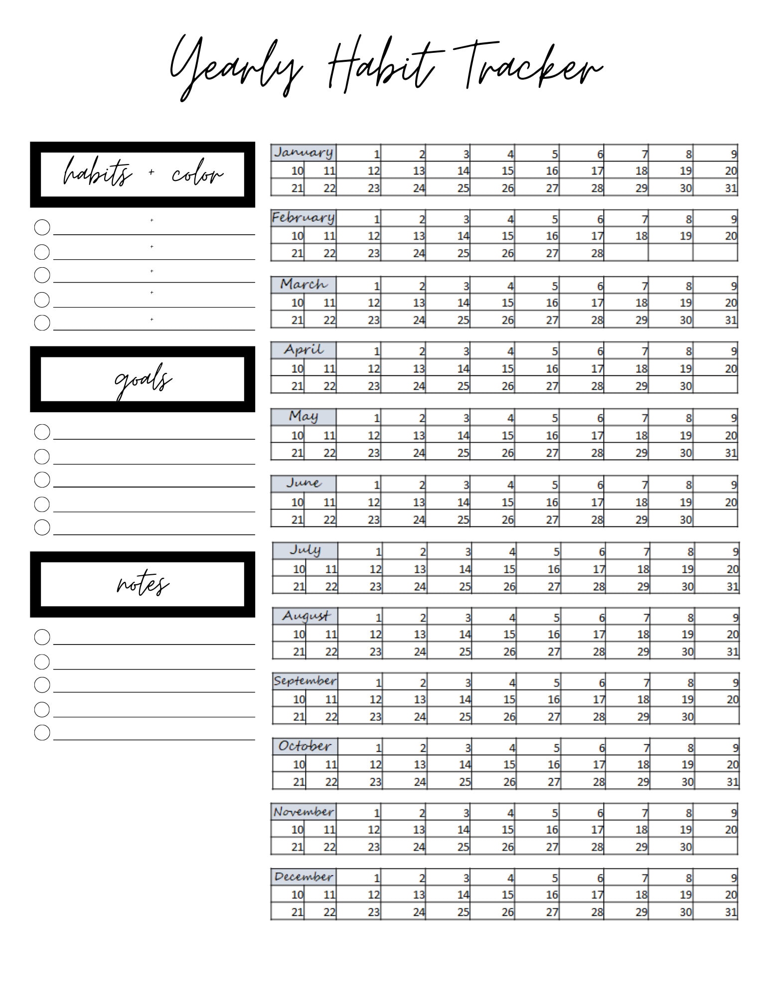Yearly Habit Tracker Printable: Goal Planner (PDF Download) - Etsy