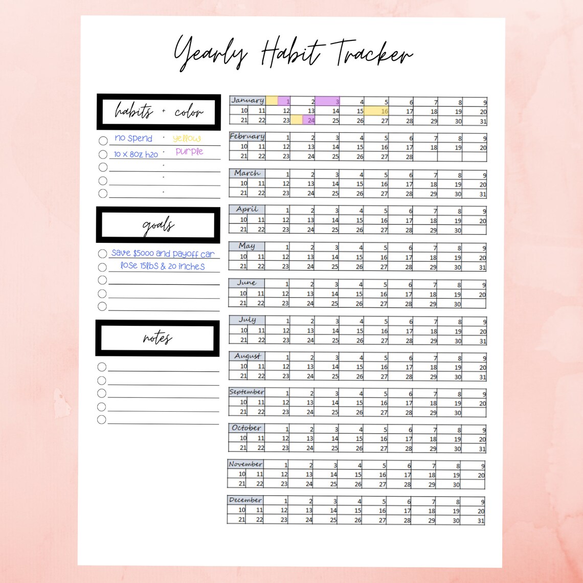 Yearly Habit Tracker Printable, Printable Habit Tracker - Etsy