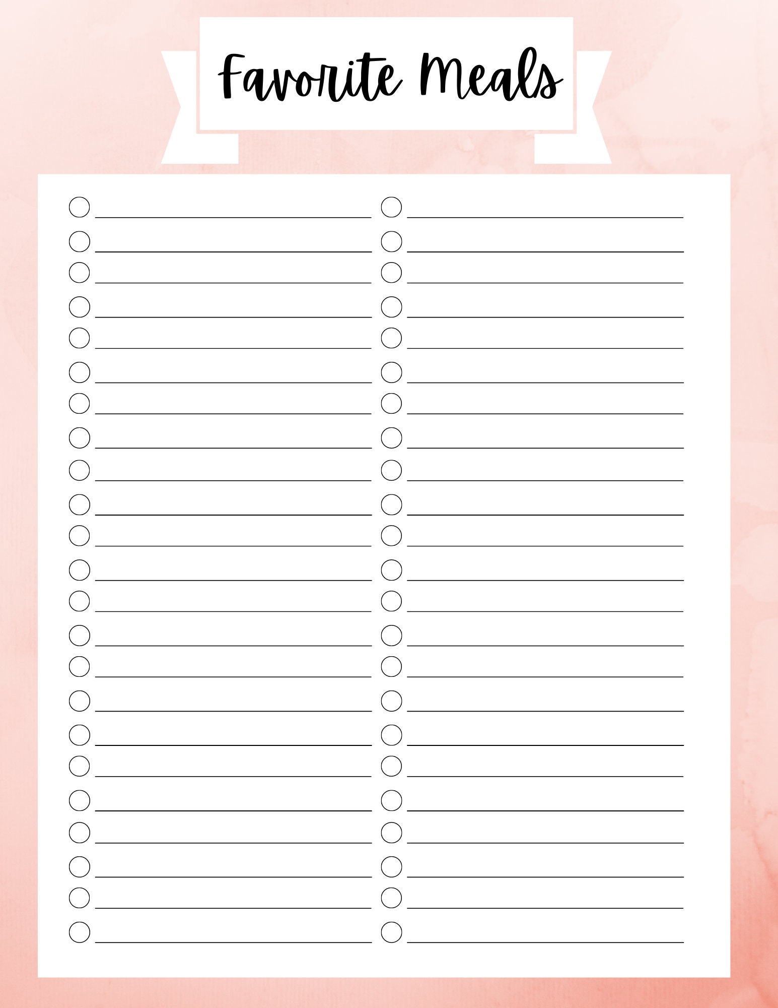 Favorite Meals Printable, Meal Planning Printable Guide, Favorite ...