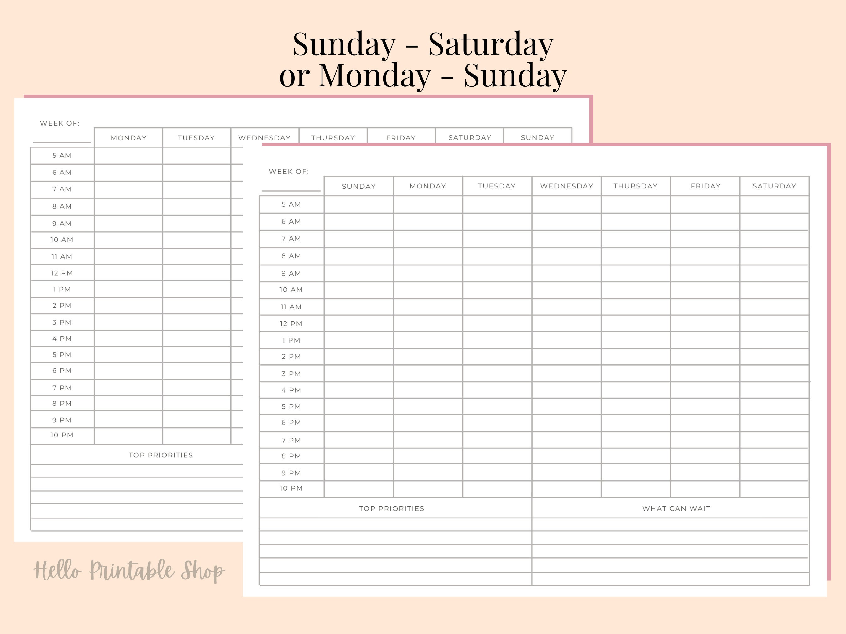 Hourly Weekly Schedule Printable Planner, Printable Weekly Planner ...