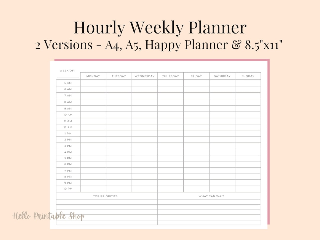 Hourly Weekly Schedule Printable Planner, Printable Weekly Planner ...