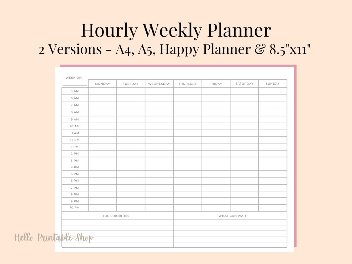 Hourly Weekly Schedule Printable Planner, Printable Weekly Planner ...