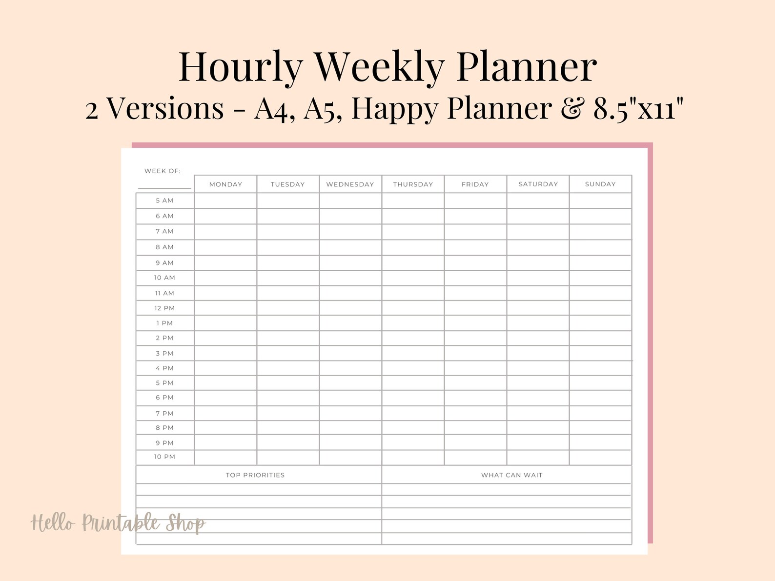 Hourly Weekly Schedule Printable Planner, Printable Weekly Planner ...