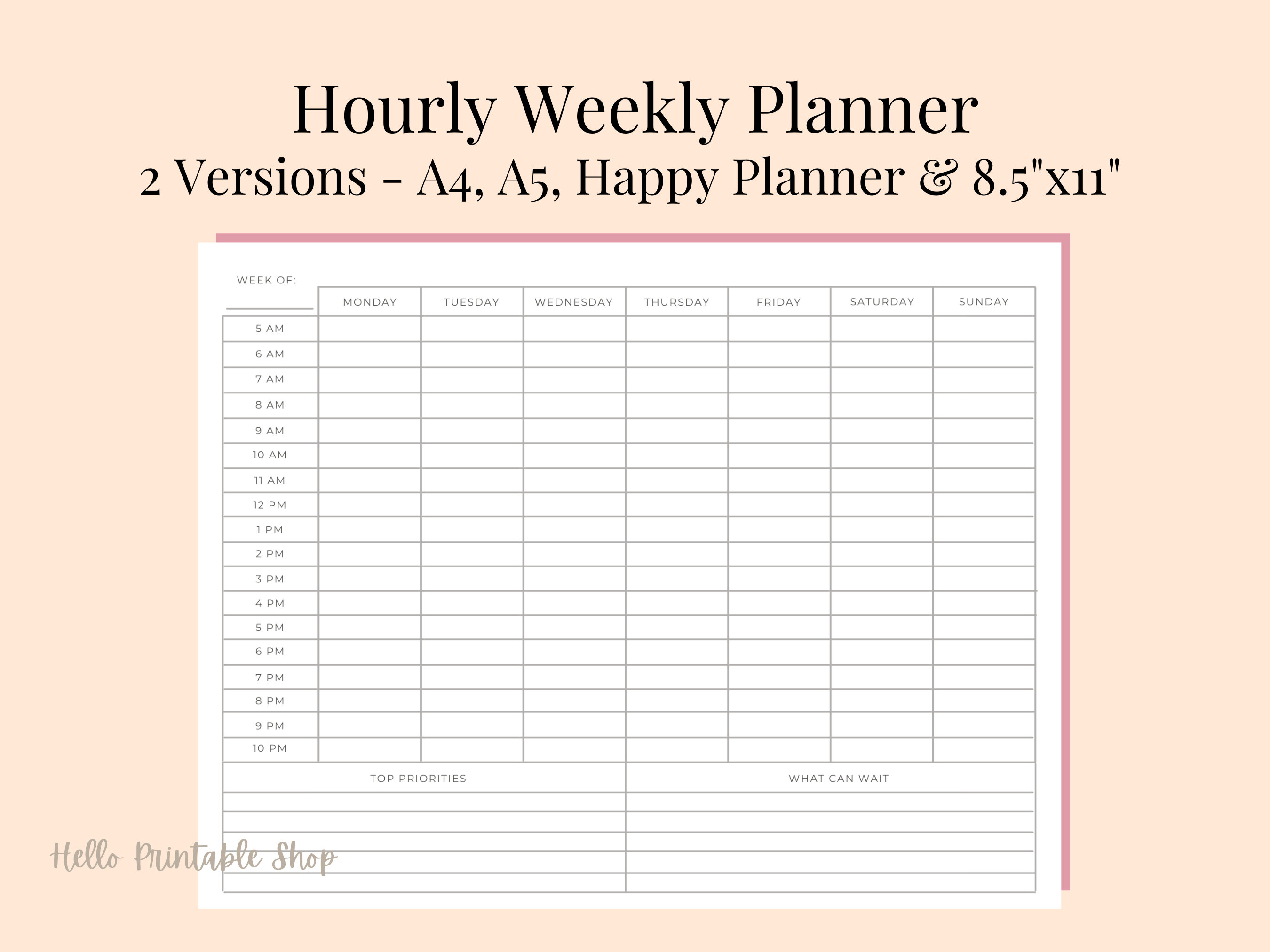 Hourly Weekly Schedule Printable Planner, Printable Weekly Planner ...