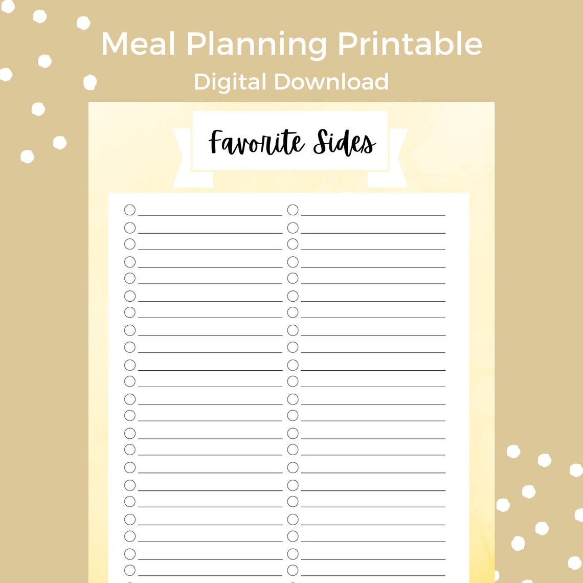Favorite Sides Printable, Meal Planning Printable Guide, Favorite ...